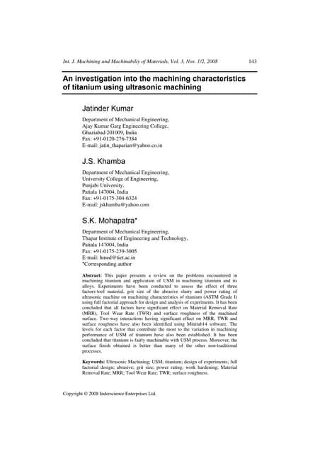 An Investigation Into The Machining Characteristics Of Titanium Using Ultrasonic Machiningpdf