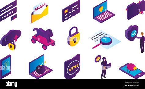 Hacking Activity Isometric Icons Set With Hacker Stealing Information
