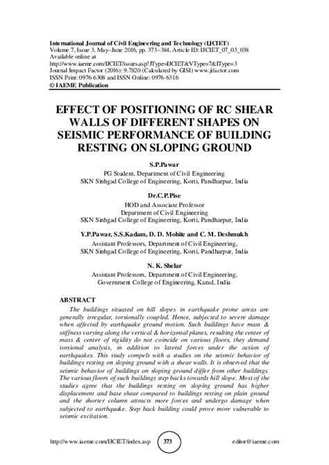 Pdf Effect Of Positioning Of Rc Shear Walls Of Different Shapes On Seismic Performance Of