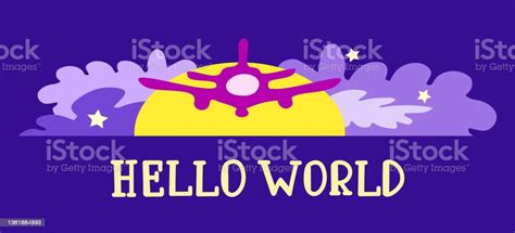 보라색 구름과 노란 별과 태양에 비행기 안녕하세요 세계 레터링 벡터 일러스트레이션 공예에 대한 스톡 벡터 아트 및 기타 이미지 공예 교통수단 구름 Istock