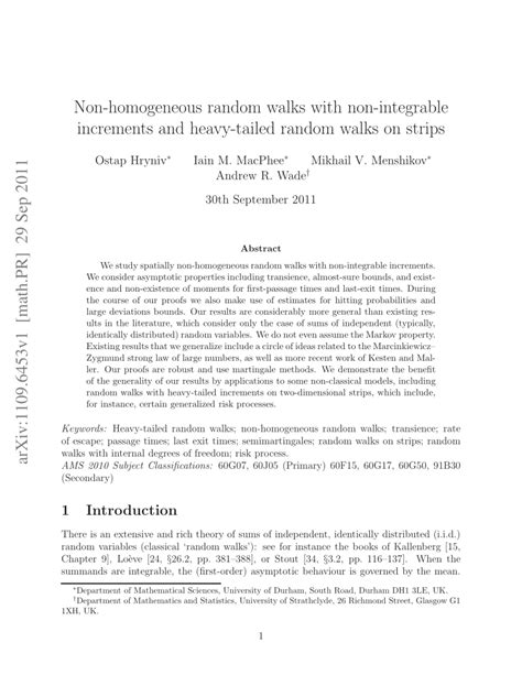 Pdf Non Homogeneous Random Walks With Non Integrable Increments And