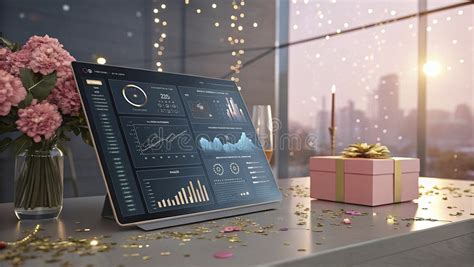 Modern Workspace Setup With Digital Data Graphs And Technological Interface Visuals Stock