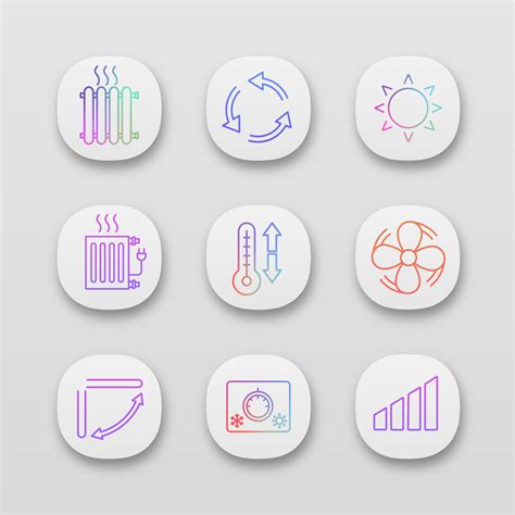 Air Conditioning App Icons Set Radiators Ventilation Sun Climate Control Exhaust Fan