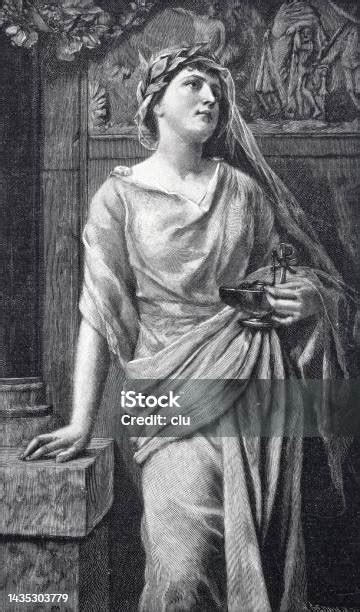 거실 벽에 서서 그릇을 들고 오른손이 테이블 위에 누워 월계관 화환을 착용 한 고대 로마의 아름다움 1890 1899 년에 대한 스톡 벡터 아트 및 기타 이미지 Istock