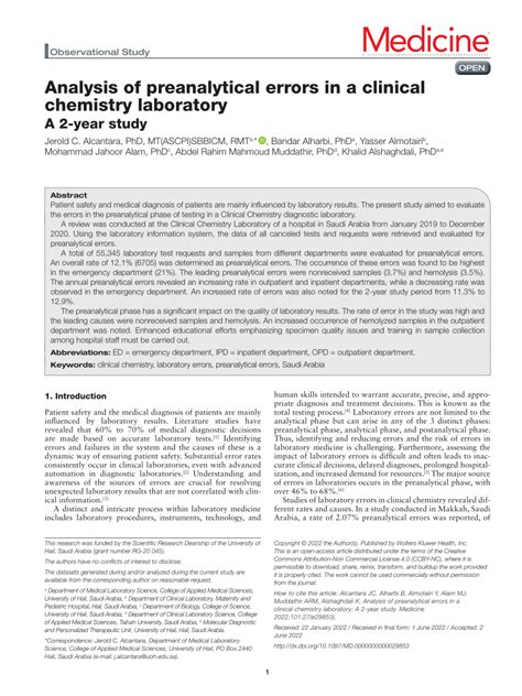 Pdf Analysis Of Preanalytical Errors In A Clinical Chemistry