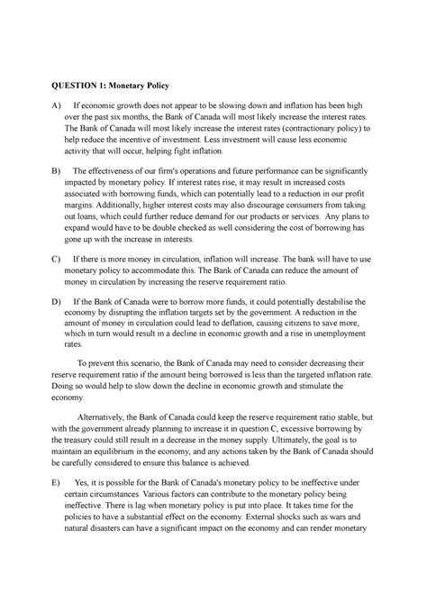2300 Assignment 2 Investment 2300 Question 1 Monetary Policy A If Economic Growth Does Not