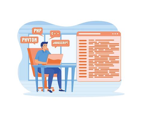 Software Engineer Sit In Chair Working On Laptop Use Programming Language Code Flat Vector