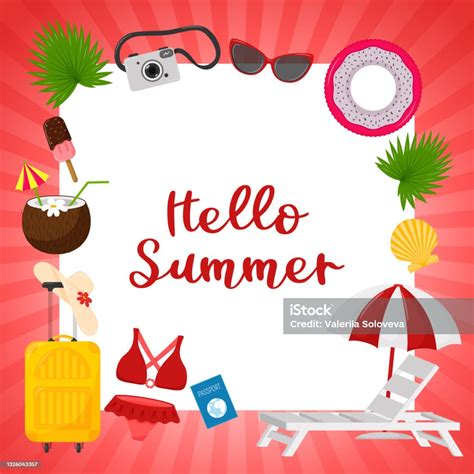 빨간색 줄무늬 프레임과 안녕하세요 여름이라는 단어가있는 사각형 엽서 여름 장식 요소 칵테일 일광욕 야자수 잎 카메라 가방 구명 부표 안경 벡터 그림입니다 플랫 스타일 개체