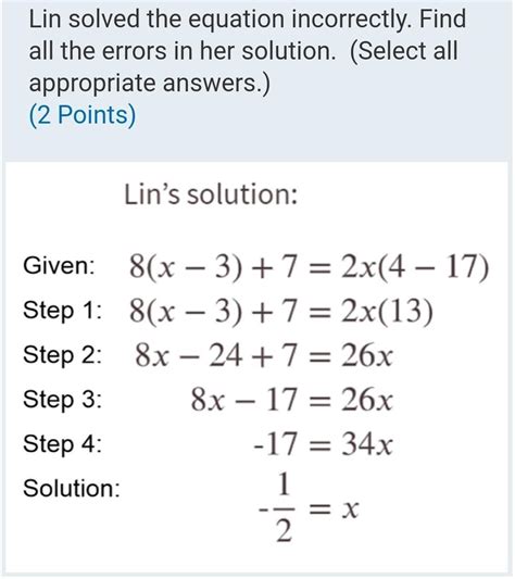 1 lin solved the equation incorrectly find all the errors in her