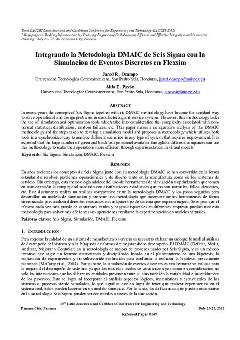 pdf integrando la metodologia dmaic de seis sigma con la simulacion de eventos discretos en