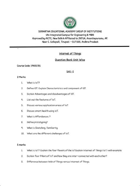 Iot Unit Wise Questions Pdf