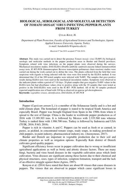 Pdf Biological Serological And Molecular Detection Of Tomato Mosaic Virus Infecting Pepper