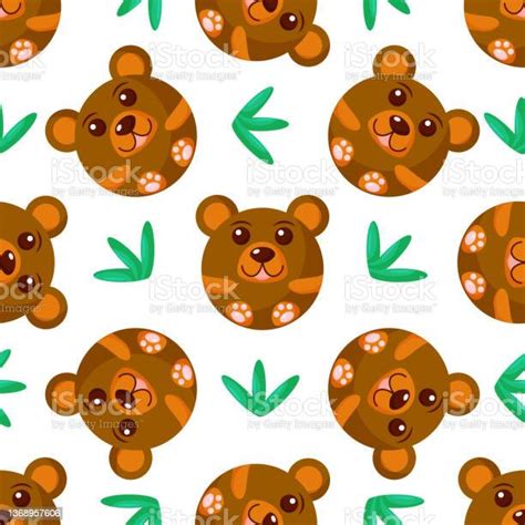 둥근 곰 원활한 패턴 곰의 면이 있는 벡터 배경입니다 포장 아기 직물을위한 템플릿 벡터 일러스트레이션 개체 그룹에 대한 스톡 벡터 아트 및 기타 이미지 Istock