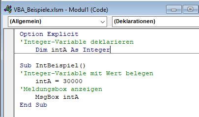 VBA Int Ganzzahl Datentyp Dim Variable Automate Excel