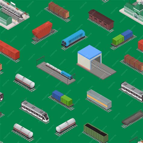 다양한 유형의 기차 3d 연속 패턴 배경 아이소메트릭 뷰 철도 요소 화물 철도의 운송 열차의 벡터 그림 프리미엄 벡터