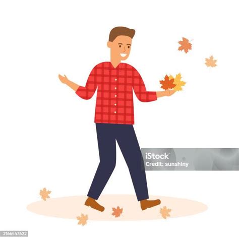 단풍을 손에 들고 있는 행복한 남자 평면 스타일의 벡터 그림입니다 10월에 대한 스톡 벡터 아트 및 기타 이미지 10월 11월 9월 Istock