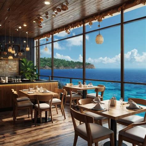 A Restaurant With A View Of The Ocean Premium Ai Generated Image