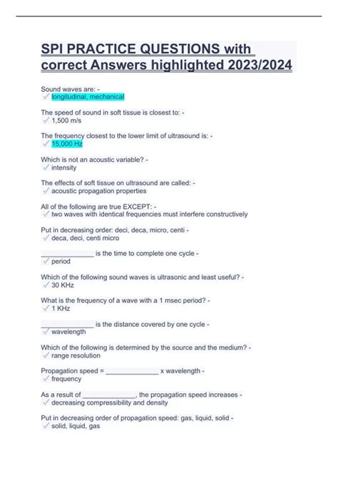 SPI PRACTICE QUESTIONS With Correct Answers Highlighted ARDMS SPI Stuvia US