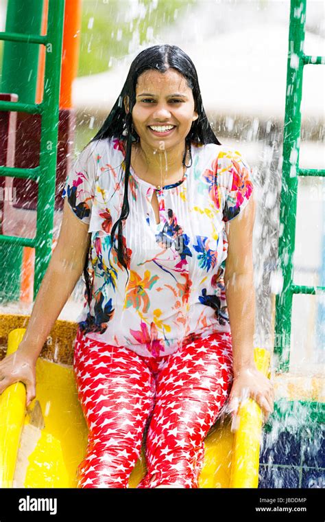 1 Indian Young Woman Bathing Swimming Pool Waterpark Enjoy Smiling