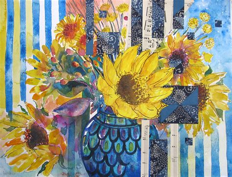 배경 화면 그림 삽화 콜라주 노랑 푸른 무늬 종이 해바라기 문 수직선 플로라 병 장식 혼합 매체 수채화 육상 식물 꽃 피는 식물 현대 미술