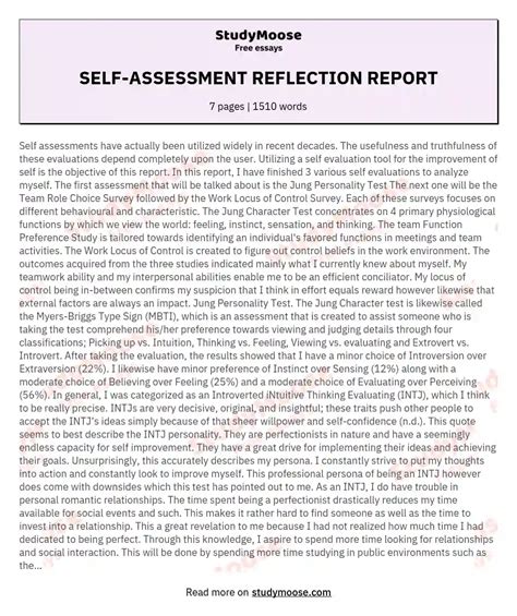 Self Assessment Reflection Report Free Essay Example
