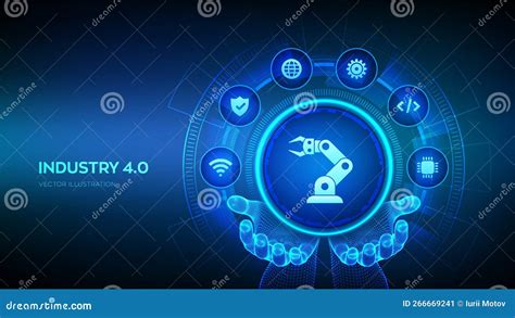 Smart Industry 40 Symbol In Wireframe Hands Factory Automation