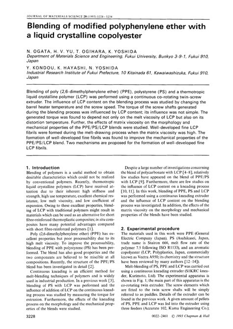 Pdf Blending Of Modified Polyphenylene Ether With A Liquid Crystalline Copolyester
