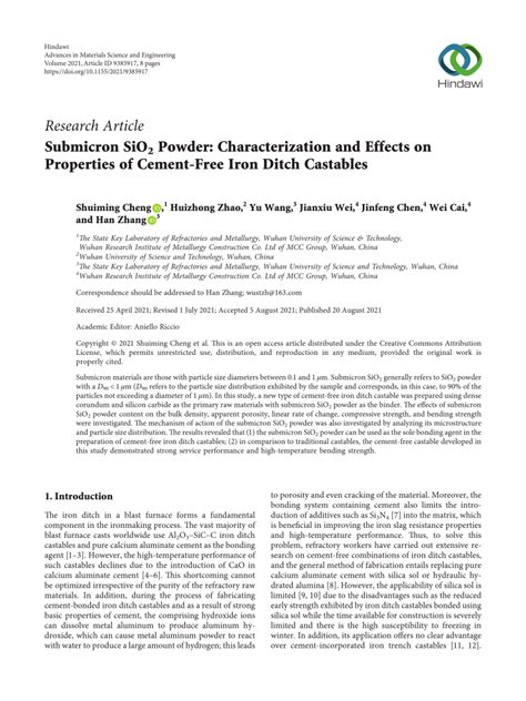 Pdf Submicron Sio2 Powder Characterization And Effects On Properties Of Cement Free Iron