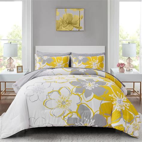 Anibedding 7 Pieces Yellow Floral Comforter Set Queen Size