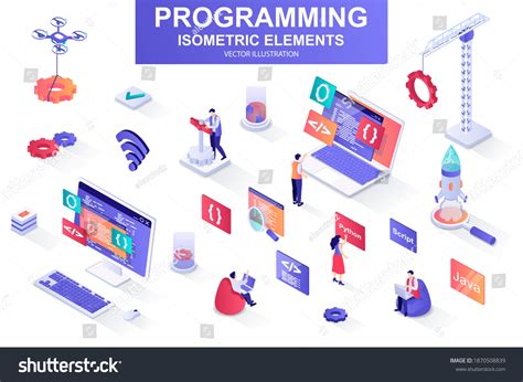 programming bundle isometric elements developer working stock vector