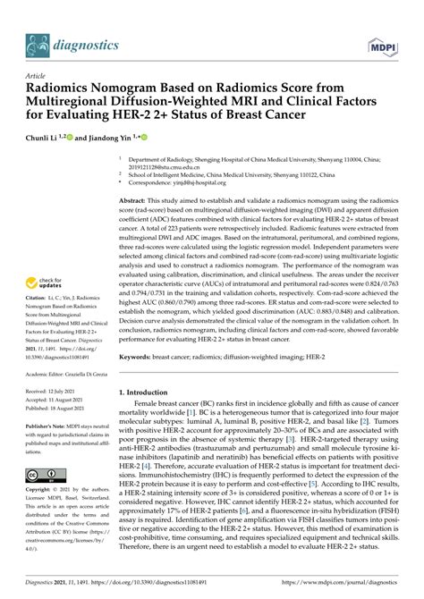 Pdf Radiomics Nomogram Based On Radiomics Score From Multiregional Diffusion Weighted Mri And