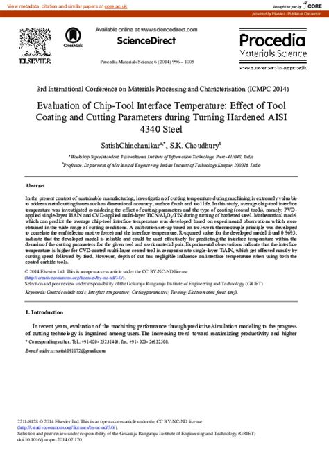 Pdf Evaluation Of Chip Tool Interface Temperature Effect Of Tool