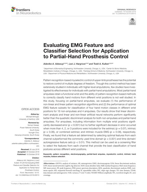 Pdf Evaluating Emg Feature And Classifier Selection For Application To Partial Hand Prosthesis