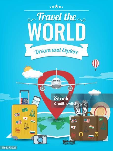 수하물 비행기 세계지도 및 기타 장비와 여행 배경 여행 및 관광 개념입니다 벡터 가방에 대한 스톡 벡터 아트 및 기타 이미지 가방 관광 관광객 Istock