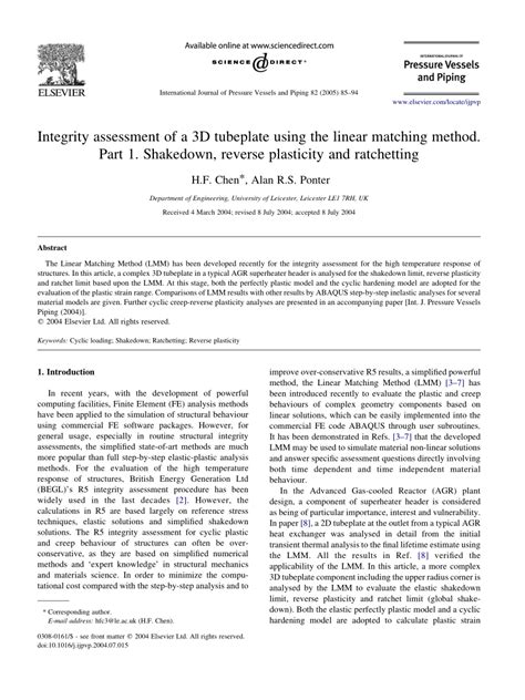 Pdf Integrity Assessment Of A 3d Tubeplate Using The Linear Matching Method Part 1 Shakedown