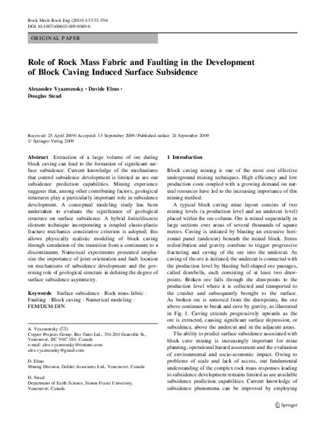 Pdf Role Of Rock Mass Fabric And Faulting In The Development Of Block Caving Induced Surface