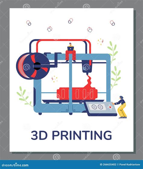 People Manufacturing Prototype Object On 3d Printer Poster Template Flat Vector Illustration