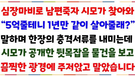반전신청사연심장마비로 남편죽자 시모가찾아와 5억줄테니 1년만같이 살아줄래 말하며 충격서류를 내게 내미는데결국 그걸보고