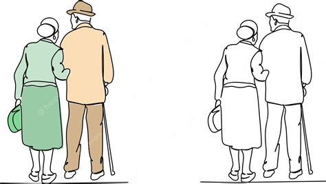 연속 라인 아트 드로잉 스타일의 노인 부부 프리미엄 벡터