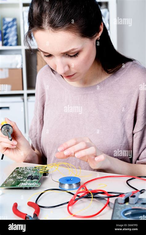 Girl Babe In The Laboratory Of Electronics University Stock Photo Alamy