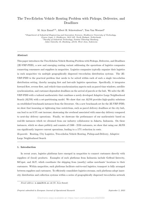 Pdf The Two Echelon Vehicle Routing Problem With Pickups Deliveries