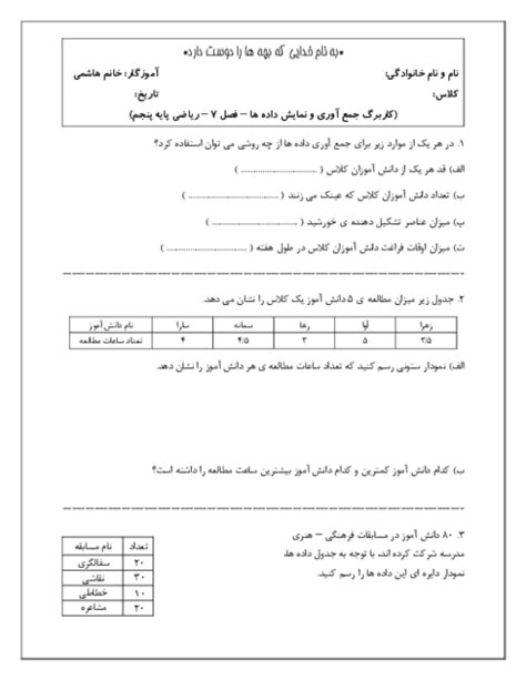 تکلیف و پیک آدینه کاربرگ درس ریاضیجمع آوری و نمایش داده ها پایه پنجم دبستان همراه با پاسخنامه