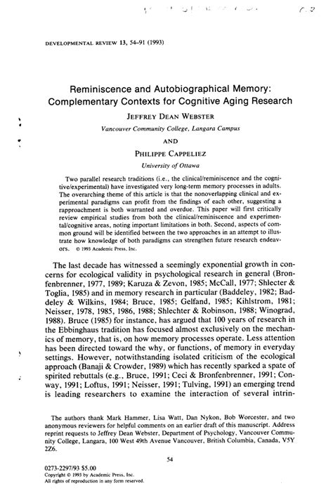 Pdf Reminiscence And Autobiographical Memory Complementary Contexts