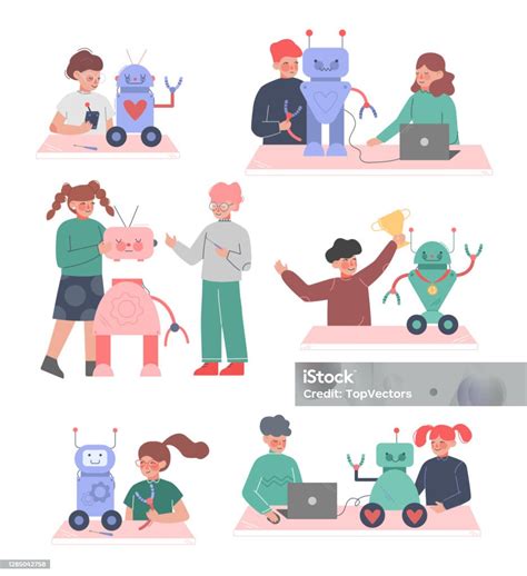 로봇 세트를 만드는 학교 학생 소년과 소녀 엔지니어 캐릭터 교육 프로젝트 만화 스타일 벡터 일러스트레이션 남학생에 대한 스톡 벡터 아트 및 기타 이미지 Istock