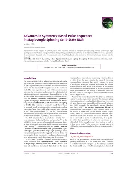 Pdf Advances In Symmetry Based Pulse Sequences In Magic Angle Spinning Solid State Nmr