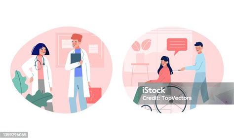 상담 및 진단 벡터 세트에 종사하는 환자를 보고 의료진과 병원 일러스트레이션에 대한 스톡 벡터 아트 및 기타 이미지 일러스트레이션 병원 사람들 Istock