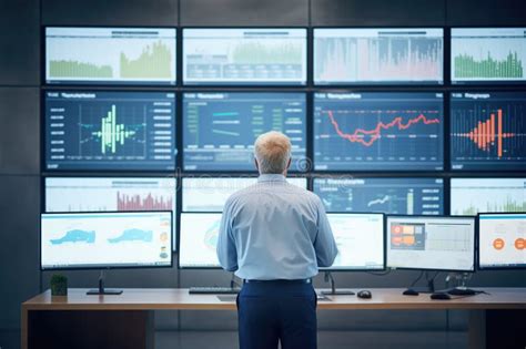 Technician Monitoring Data On Multiple Control Room Screens Stock Illustration Illustration Of