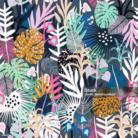 밝은 정글 꽃 잎과 손으로 그린 질감과 원활한 열대 패턴 직물 직물에 적합합니다 크리에이티브 벡터 배경 그리기에 대한 스톡 벡터 아트 및 기타 이미지 Istock