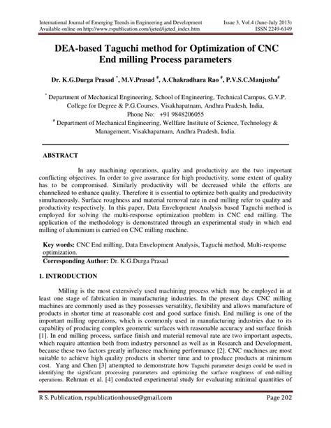 Pdf Dea Based Taguchi Method For Optimization Of Cnc End Milling