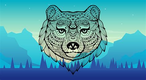 으르렁거리는 곰의 머리 아프리카 인도 디자인 산악 풍경 배경에 숲 산 변환을 위한 그림입니다 검은 스트로크패턴 곰 부족 장식 벡터 이미지 갈고리 발톱에 대한 스톡 벡터 아트